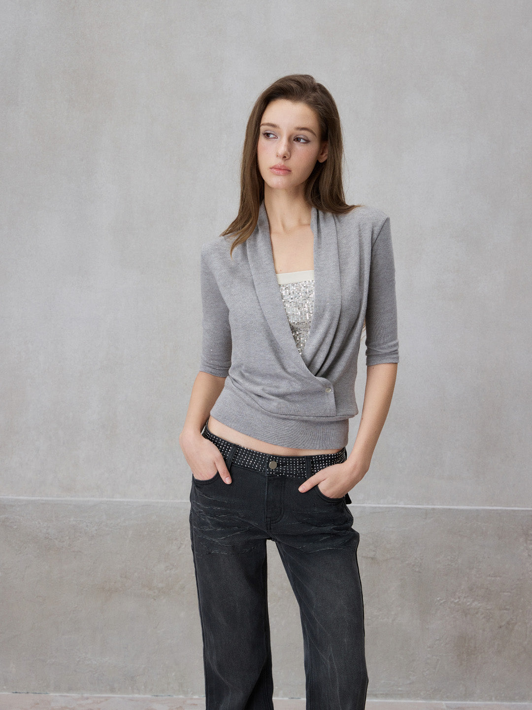 NONCESTNON N283 Grey Beaded Mid Sleeve Top – CHUUI_Collection