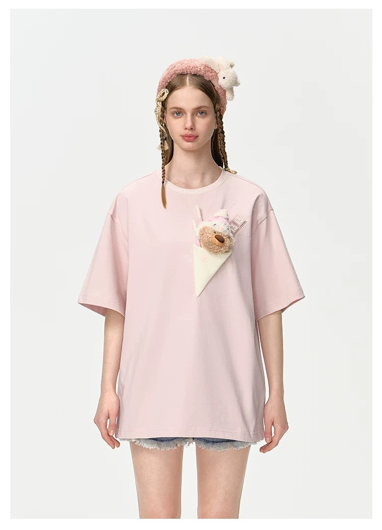 13DE MARZO Ice cream colored bear head casual minimalist T-shirt ...