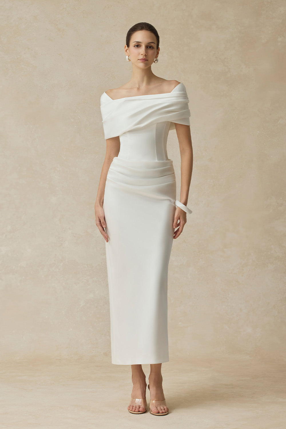 BYDENIO Solora Bodycon midi dress with shoulder-hip draping – CHUUI ...